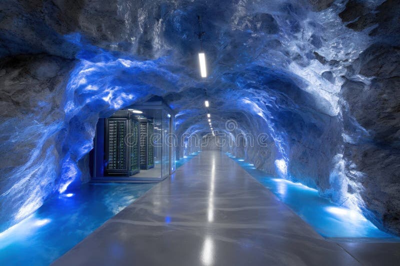 Underground Data Center Illuminated with Blue Lights in a Rocky Cavern ...