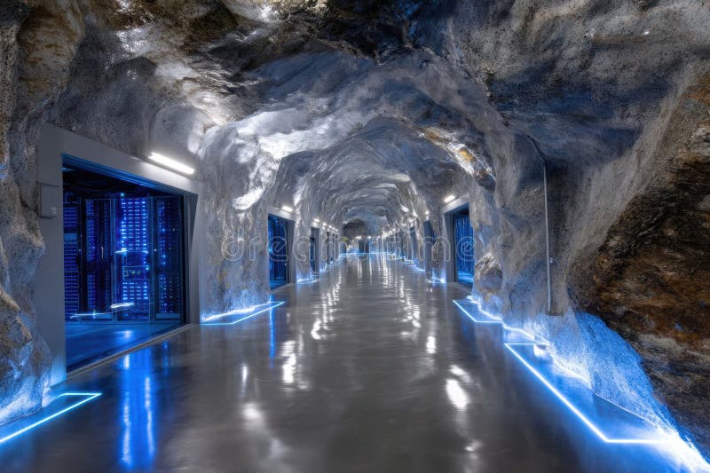 Underground Data Center Illuminated with Blue Lights in Rocky ...