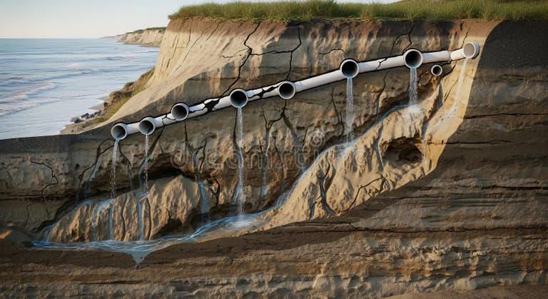 Illustration of Drainage Pipes on a Eroding Cliff Face, Discharging ...