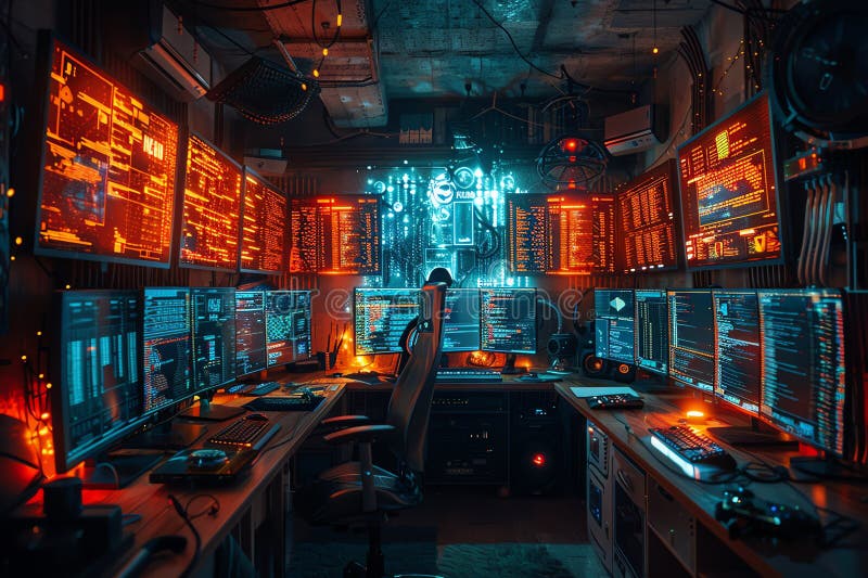 Underground Hacker Den, Multiple Screens with Cascading Stock ...