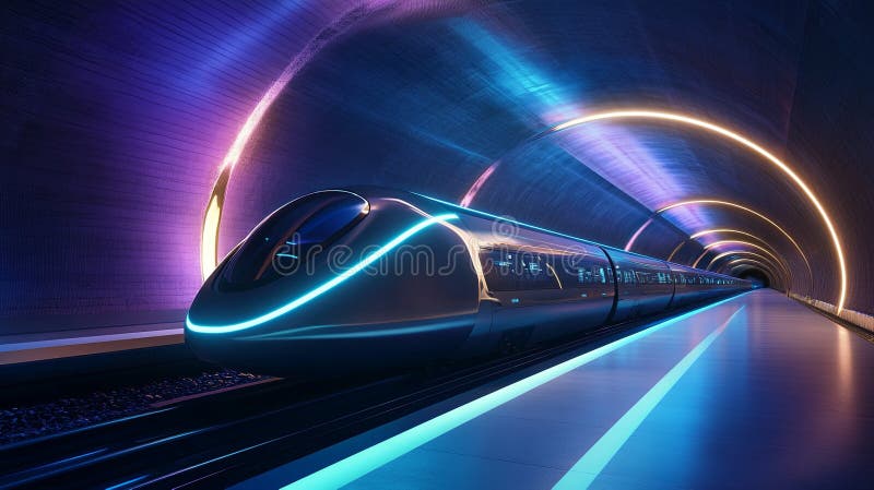 Underground Hyperloop Station Bathed in Ambient Blue and Magenta Lights ...