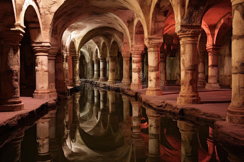 An Underground Labyrinth with a Series of Arches and Stone Columns ...