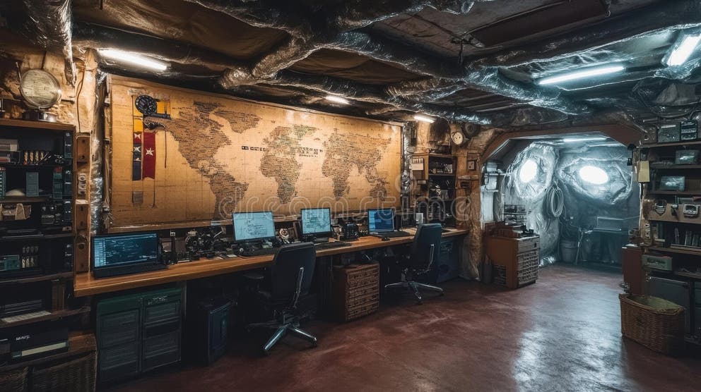Underground Military Command Center with World Map and Computers Stock ...