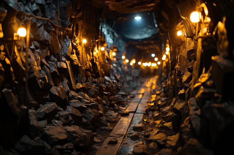 An Underground Mine with Coal, the Mine is Lit and Old and Dilapidated ...