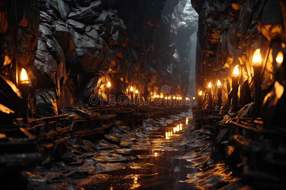 An Underground Mine with Coal, the Mine is Lit and Old and Dilapidated ...