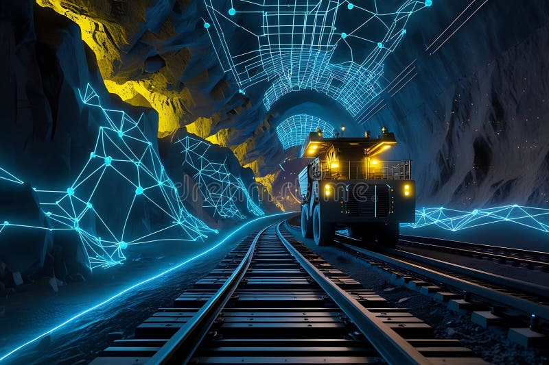 Underground Mine Tunnel, Illuminated Rock Formations, Glowing Blue ...
