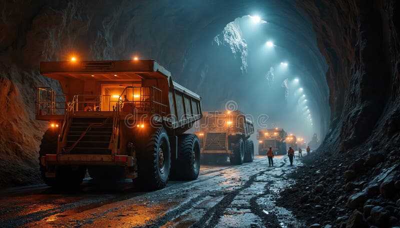Underground Mining Operation with Massive Trucks and Workers in Tunnel ...
