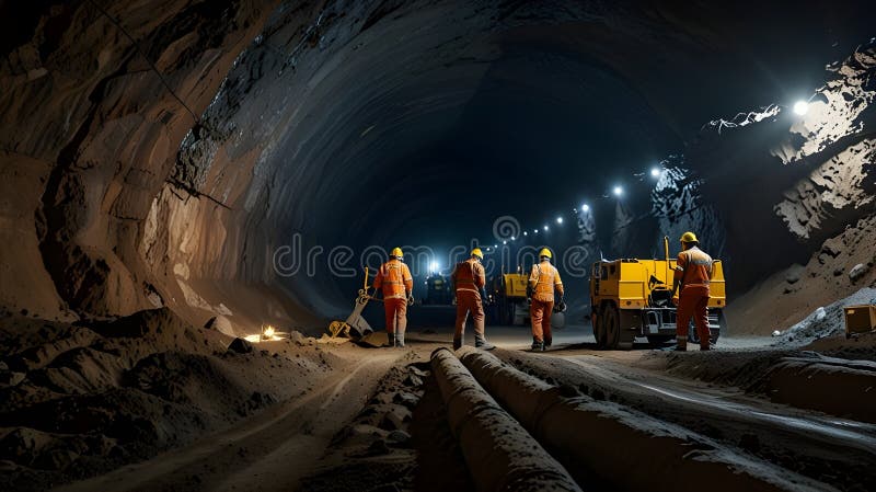 Underground Mining Scene with Workers, Tunnels, and Drilling Machines ...