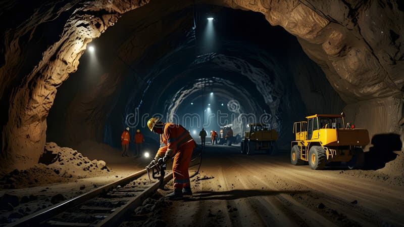 Underground Mining Scene with Workers, Tunnels, and Drilling Machines ...