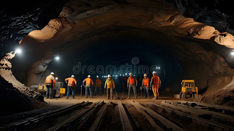 Underground Mining Scene with Workers, Tunnels, and Drilling Machines Stock Illustration ...