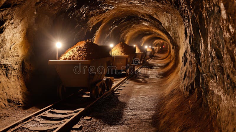 Underground Mining Train Transporting Ore through Dark Tunnel with ...