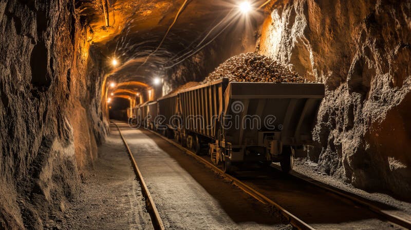 Underground Mining Train Transporting Ore in Dimly Lit Tunnel Stock ...