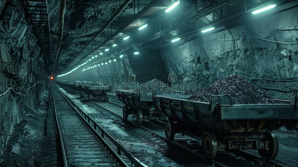 An Underground Mining Tunnel with Carts Filled with Rocks. Stock Photo ...