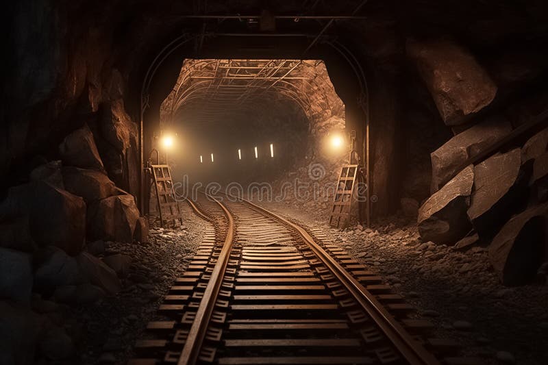 Underground Mining Tunnel with Rails, Coal Extraction Industry Stock ...