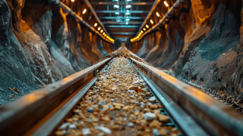 Underground Mining Tunnel with Rocky Railway Tracks Lit by Lights ...