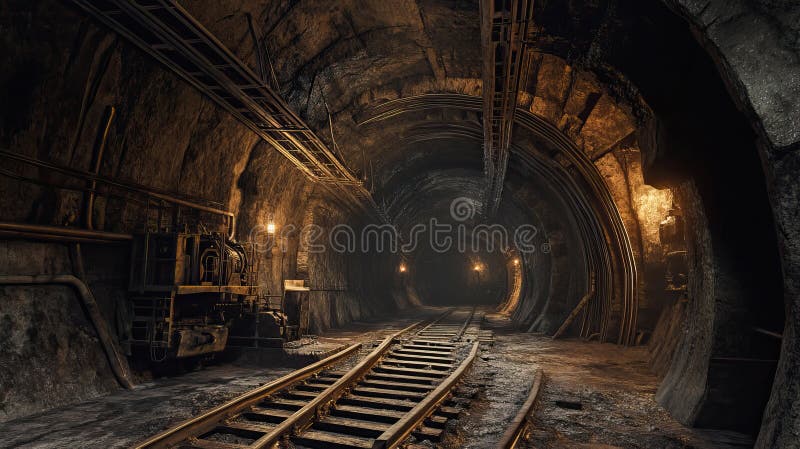 Underground Mining Tunnel with Support Beams and Track System Stock ...
