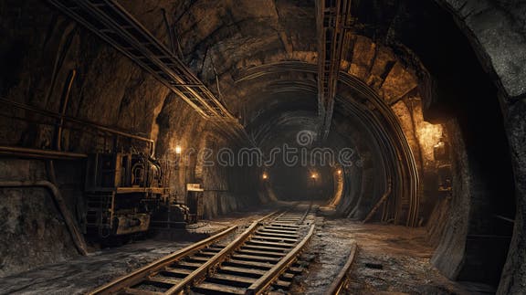 Underground Mining Tunnel with Support Beams and Track System Stock ...