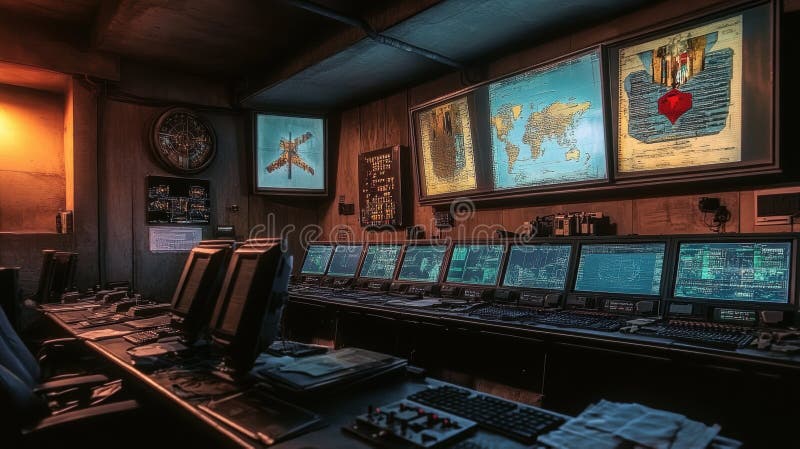 Underground Nuclear Bunker Control Room Monitoring Global Situation ...