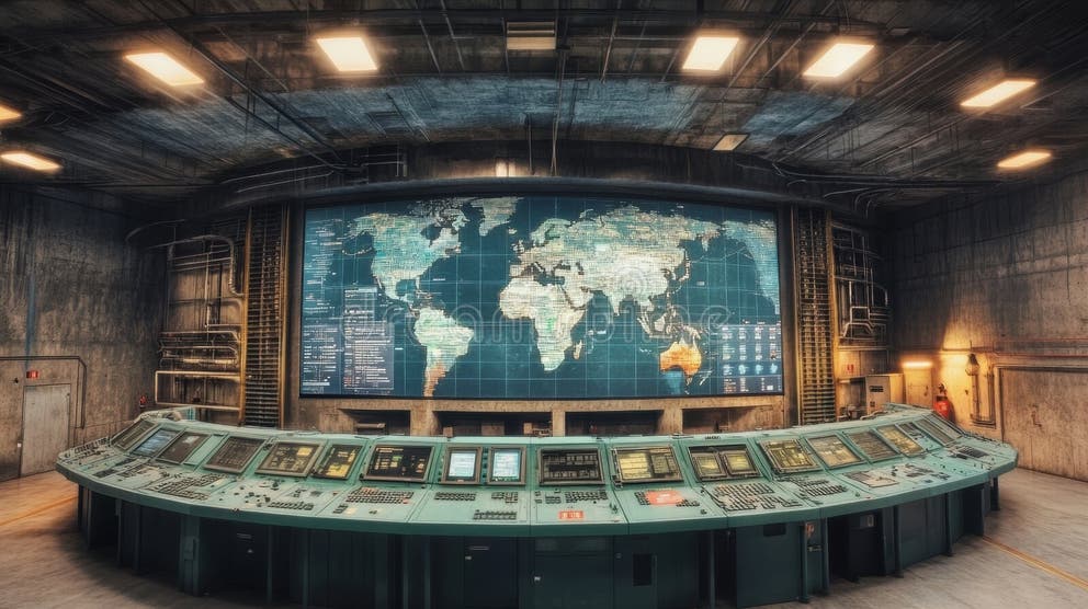 Underground Nuclear Bunker Control Room Showing World Map Stock Photo ...