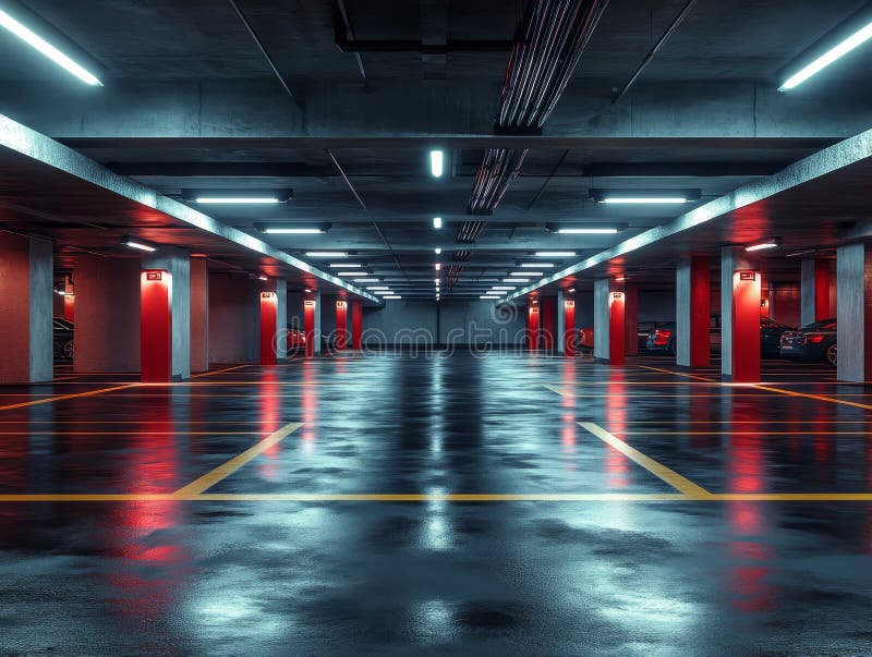 Underground Parking Area with High Tech Lighting and Reflective ...
