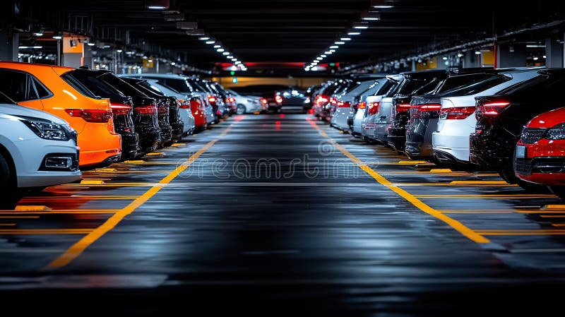 Underground Parking Garage, Cars Parked, Empty Roadway, Night Stock ...