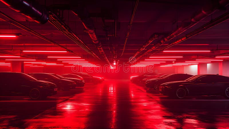 Underground Parking Garage Illuminated by Red Neon Lights with ...