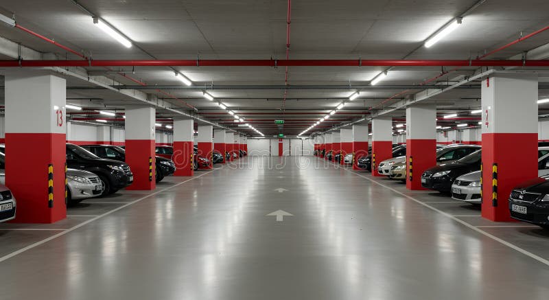 Underground Parking Garage: Rows of Cars, Red Columns, & Bright Lights ...