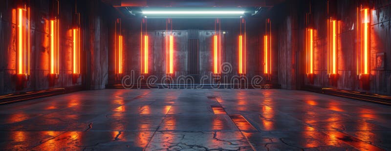 Empty Parking Garage with Red Neon Lights Stock Photo - Image of ...