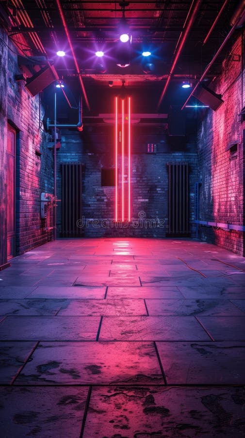Empty Parking Garage with Red Neon Lights Stock Image - Image of bright ...