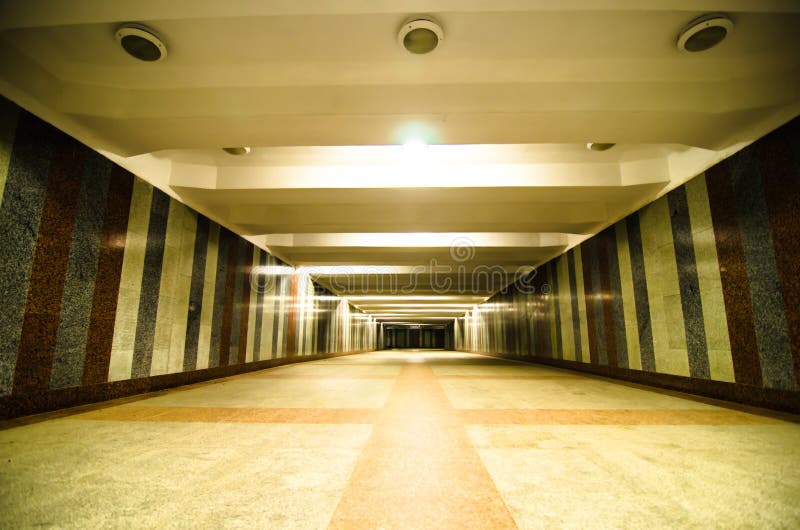 Underground Passage with Lights on without People at Night Stock Photo ...