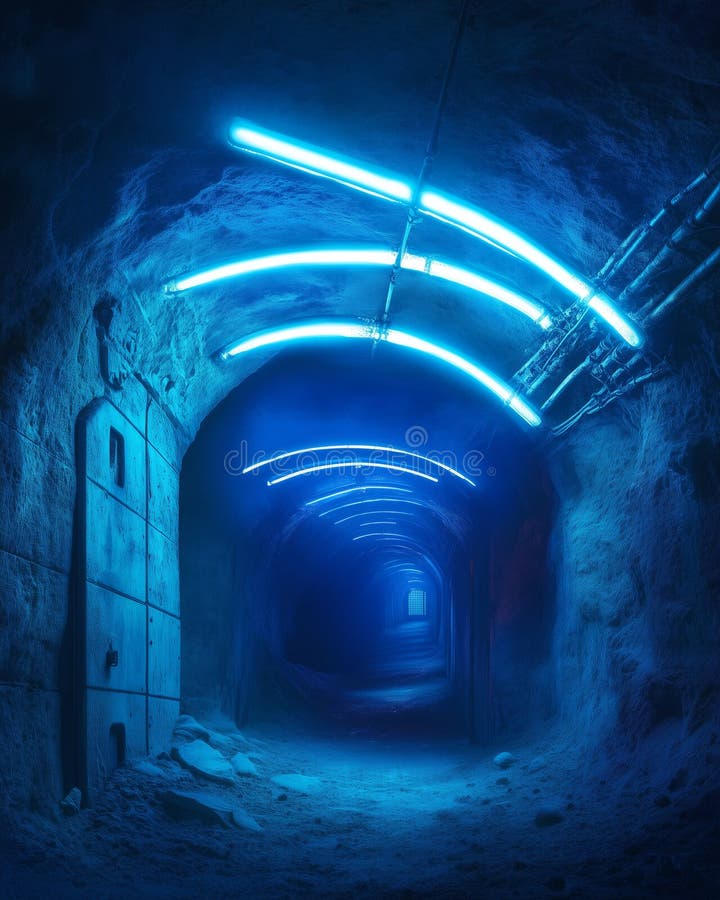 Illuminated Underground Passageway with Blue Lights at Night Stock ...
