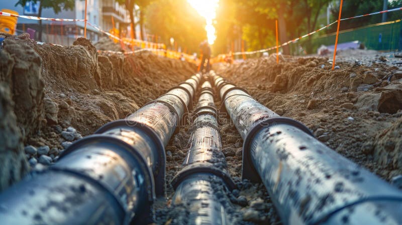 Underground Pipeline Construction with Machinery in Action at a ...