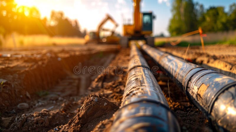 Underground Pipeline Construction with Machinery in Action at a ...