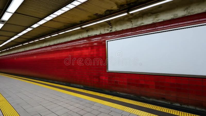 Underground Platform with Red Tiled Wall and Blank Billboard, Yellow ...