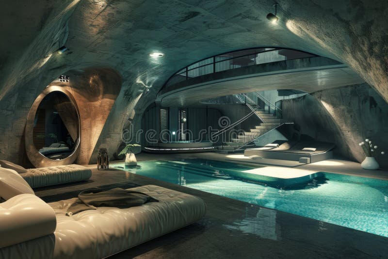 Underground Pool with a Cozy Lounging Area and Modern Architectural Elements. Stock Photo ...