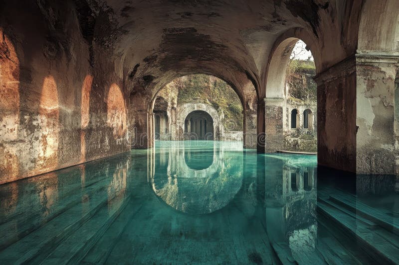 Mysterious Underground Pool with Ancient Architecture Reflecting Serene ...