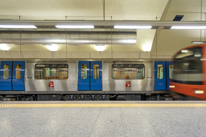 Underground Railway Platform of the Lisbon Metro Station with a Stopped ...