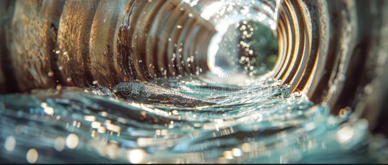 A CloseUp View Featuring Flowing Water Inside a Rustic Pipe, Showcasing ...