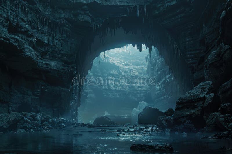 Underground River Flowing from Dark Cave Opening with Stalactites Stock ...
