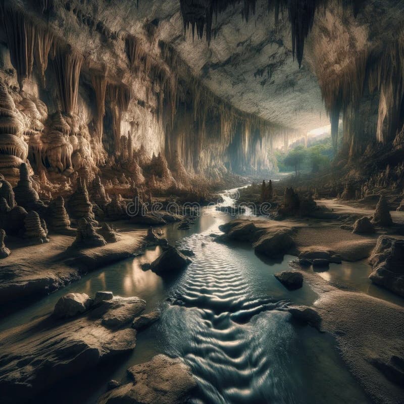 An Underground River Flowing through a Vast Limestone Cave System ...