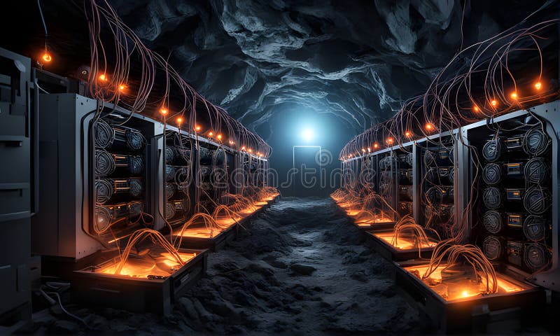 Underground Server Room with Rows of Servers and Orange Lights Stock ...