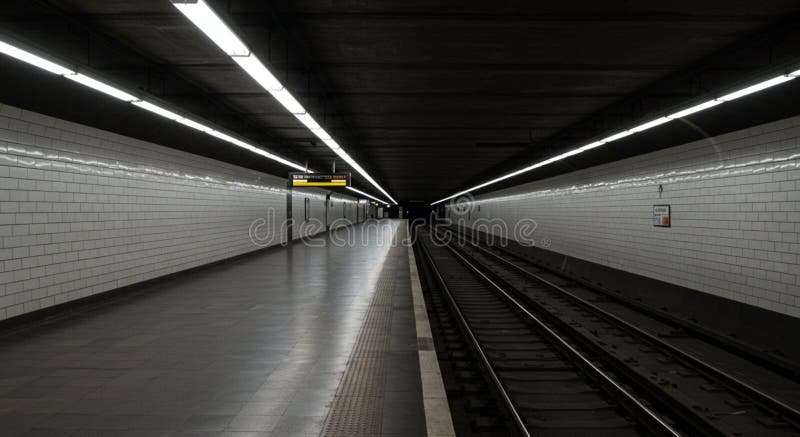 Underground Subway Platform with White Tiled Walls and a Dark Ceiling ...