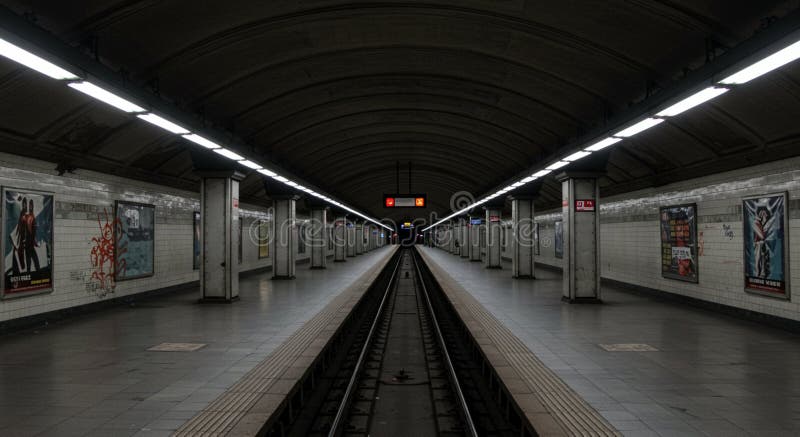 An Underground Subway Station with a Central Track and Platforms on ...