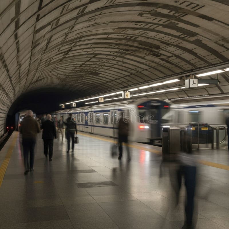 Underground Subway Station with a Curved, Metallic Ceiling. Blurred ...