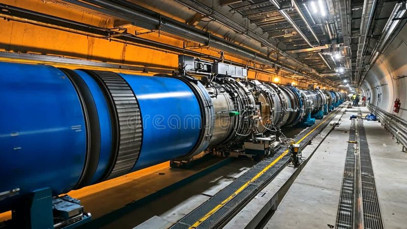 A Massive Particle Accelerator in Tunnel with Blue Cylindrical Sections ...