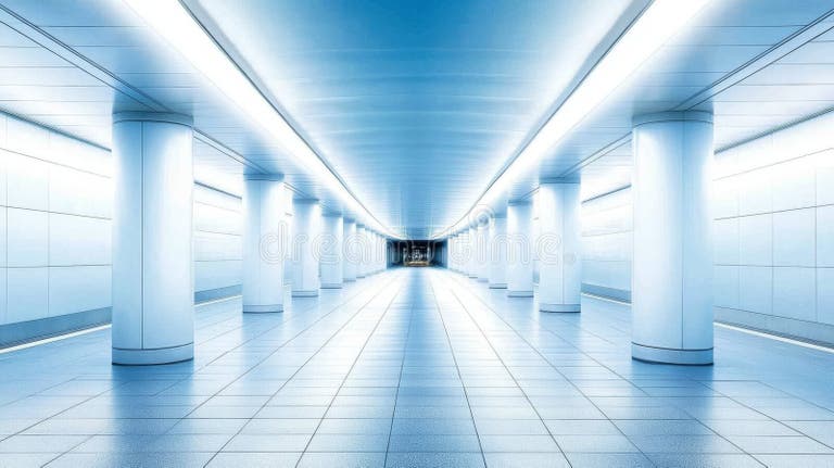 An Underground Walkway with Modern Lighting and Columns Arranged in a ...