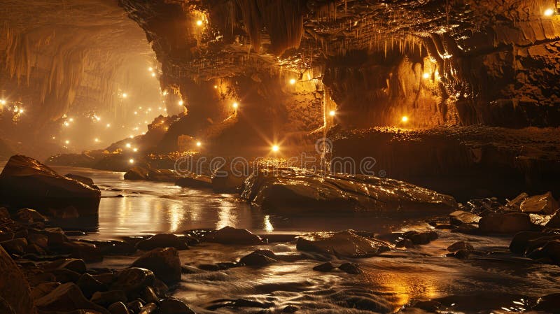 An Underground World with Torch Lights Located on Walls Made of Rocks ...