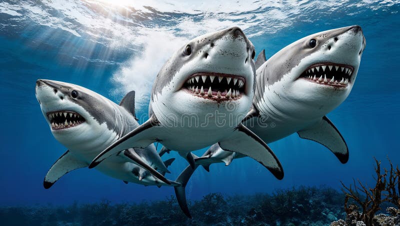 Three Sharks Swim Gracefully through Clear Ocean Water during a Bright ...