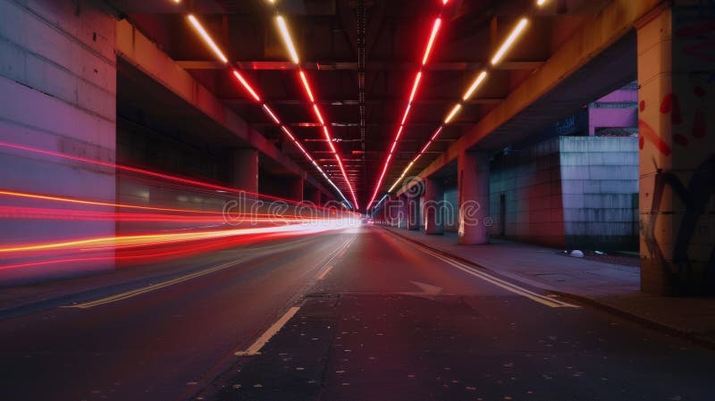 Underneath a Towering Bridge Cars Stream through the Underpass Leaving ...