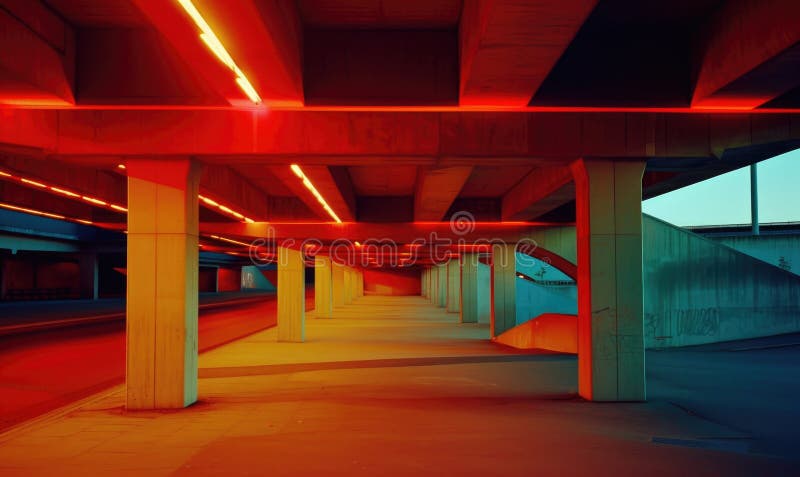 Underpass in the City at Night, Illuminated by Red Lights Stock ...